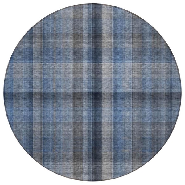 HomeRoots Blue 8 ft. Round Woven Plaid Round Indoor/Outdoor Area Rug ...