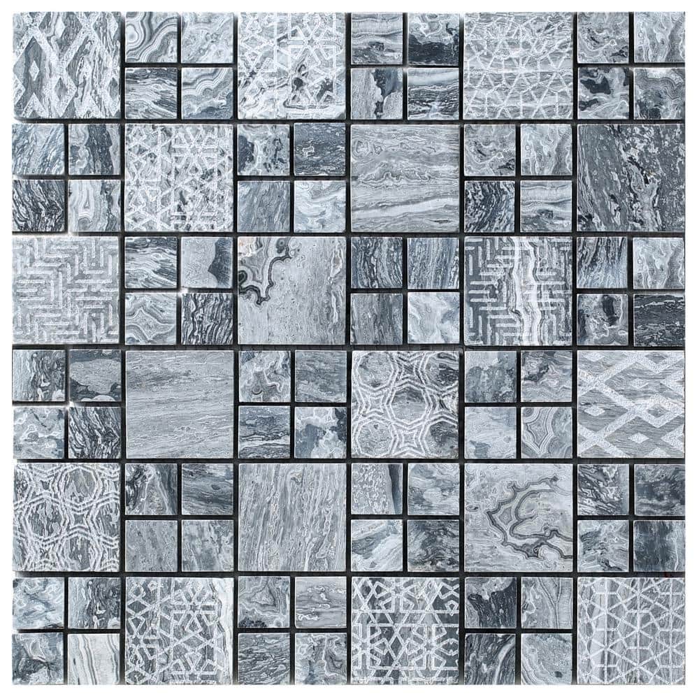 HOUSE OF MOSAICS Stone Etch Gray Backsplash 11.81 in. x 11.81 in. Square Joint Polished Marble ...