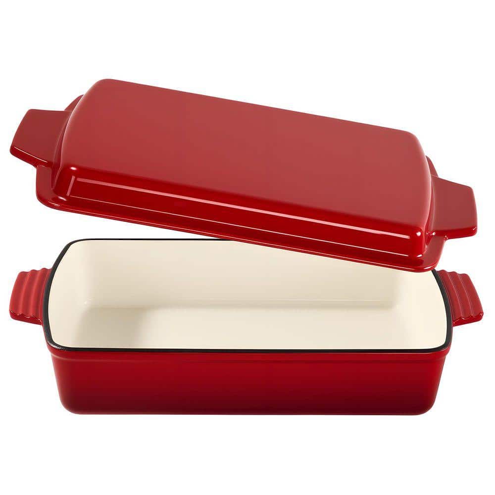 SANFANGIE 4 qt. Rectangular Cast Iron Dutch Oven in Red with Lid, with ...