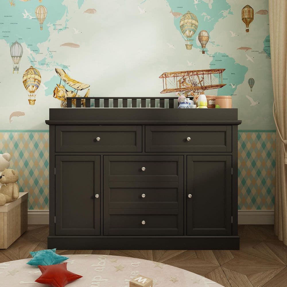 FUFU&GAGA Black Wooden Changing Table, Chest of Drawers, Dresser with 3 ...