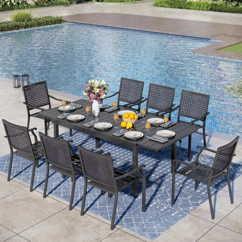 PHI VILLA 9-Piece Metal Patio Outdoor Dining Sets with Extendable Table ...