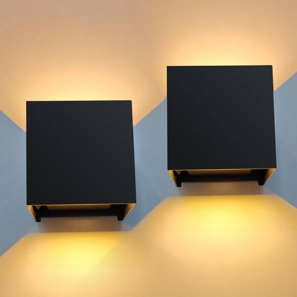 HKMGT 4.72 in. Matte Black Outdoor Hardwired Wall Sconce 20-Watt 3000K LED Cube Wall Light (2 ...