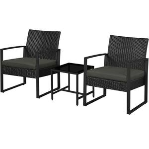 Yangming Black 3-Piece Wicker Rattan Outdoor Bistro Set with Gray ...