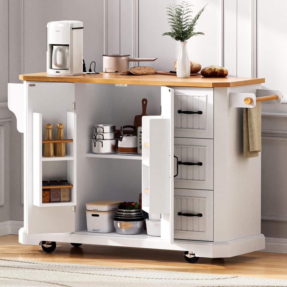 A White Kitchen Cart with a Folding Board Covered with Rubber Wood ...