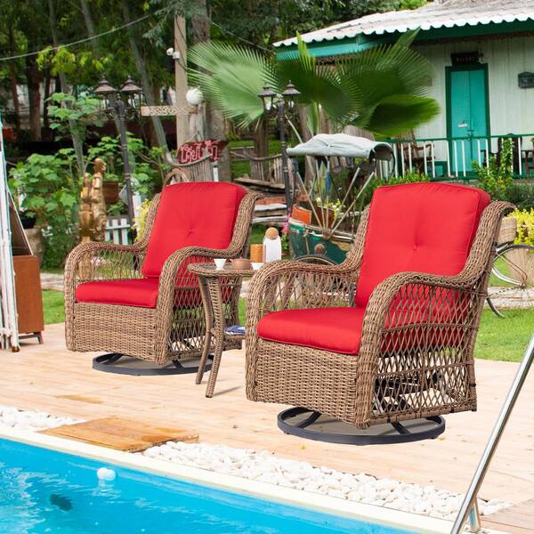 MEOOEM 3-Piece Wicker Outdoor Bistro Set with Thick Red Cushions, Patio ...