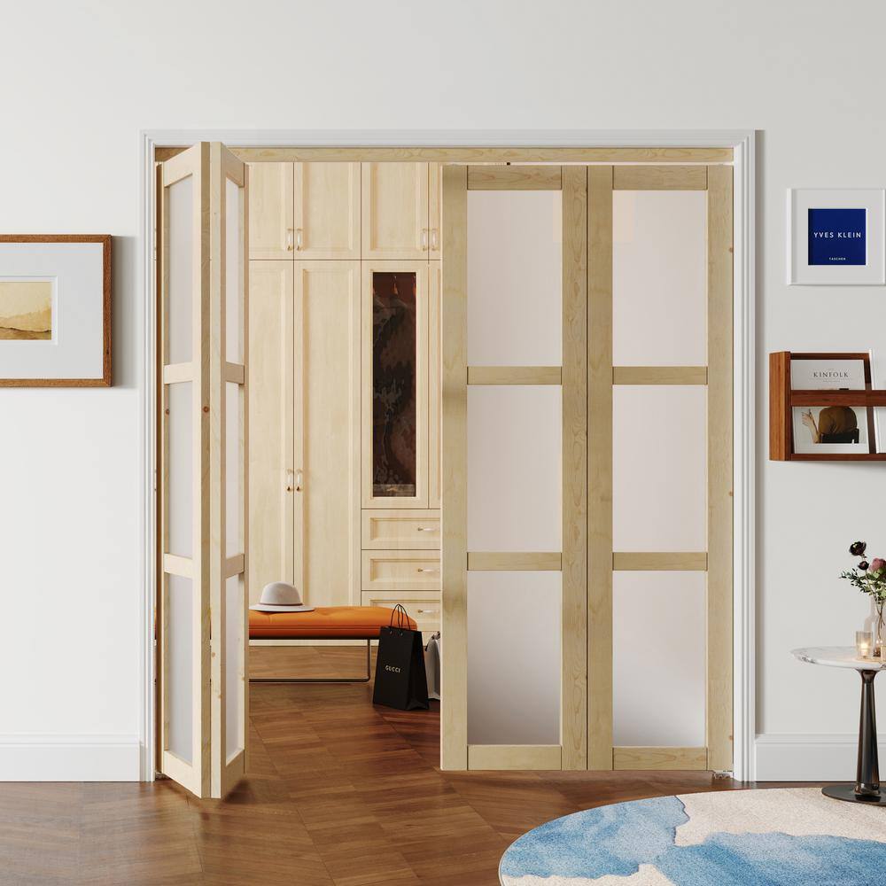 TENONER 72 in x 80 in, Frosted Glass, Solid Core, Light Brown, 3 Lite ...