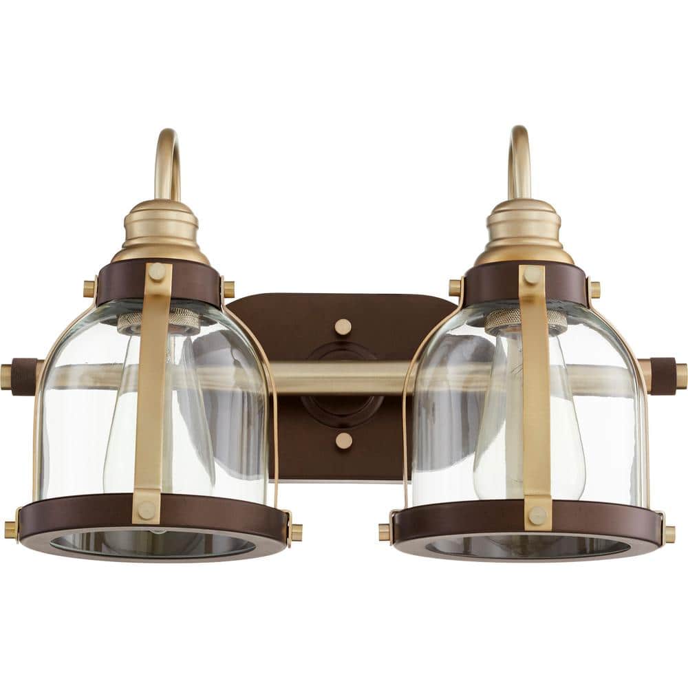 Quorum INTERNATIONAL Denny Mid-Century Modern, 16 in. Width in. 2-Lights Aged Brass Finish ...