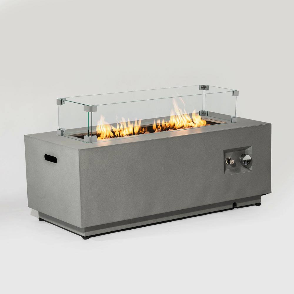 Tenleaf 42 in. Gray Rectangle Steel Propane Fire Pit Table with Glass ...