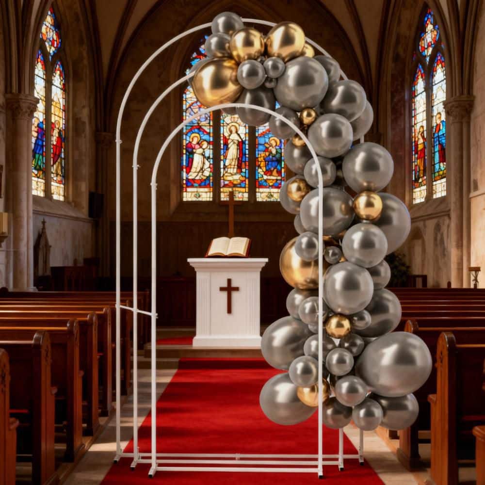 White 15.7 in. Set of 3 Metal Balloon Backdrop Arch Stand Set, Wedding ...
