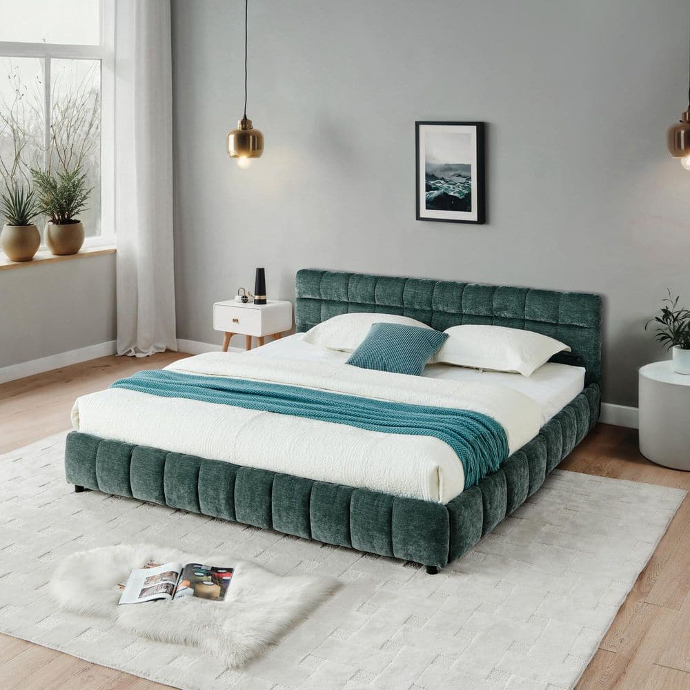 Noble House Ken Blue Plus Green Wood Frame King Size Platform Bed with ...