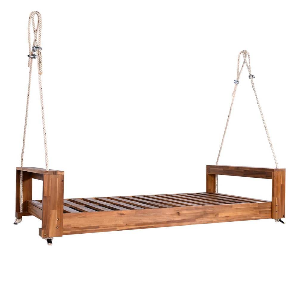 Natural 86 in. 2-Person Twin Size Acacia Wood Porch Swing Bed Seating ...