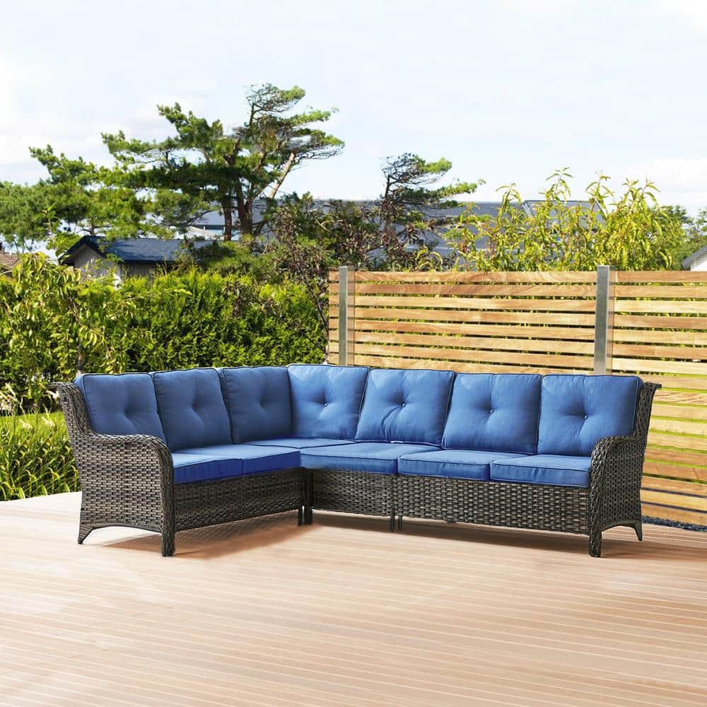 Gymojoy Carolina Wicker Outdoor Sectional with Blue Cushions PW0555759 ...