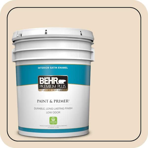 BEHR PREMIUM PLUS 5 gal. #710C-2 Raffia Cream Satin Enamel Low Odor ...