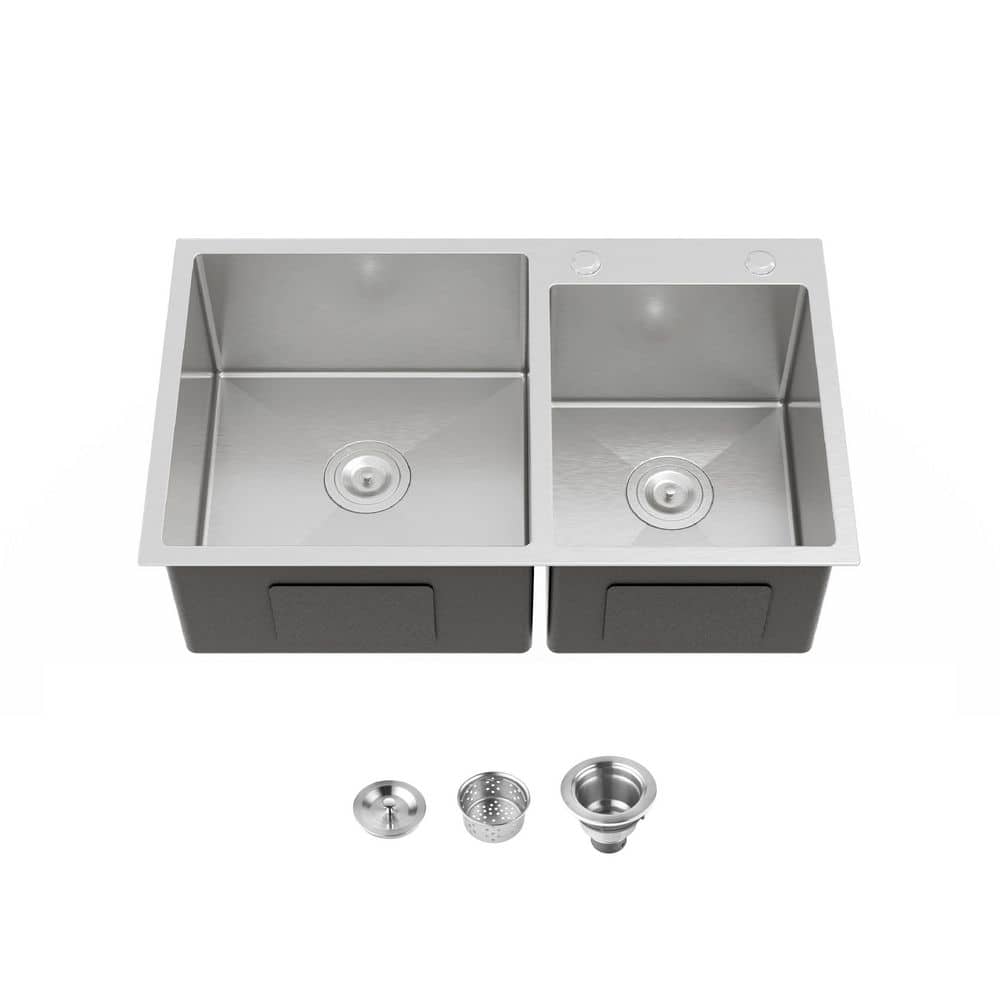 HOMEMYSTIQUE 32 in. Drop-in Double Bowl Brushed Stainless Steel Kitchen ...