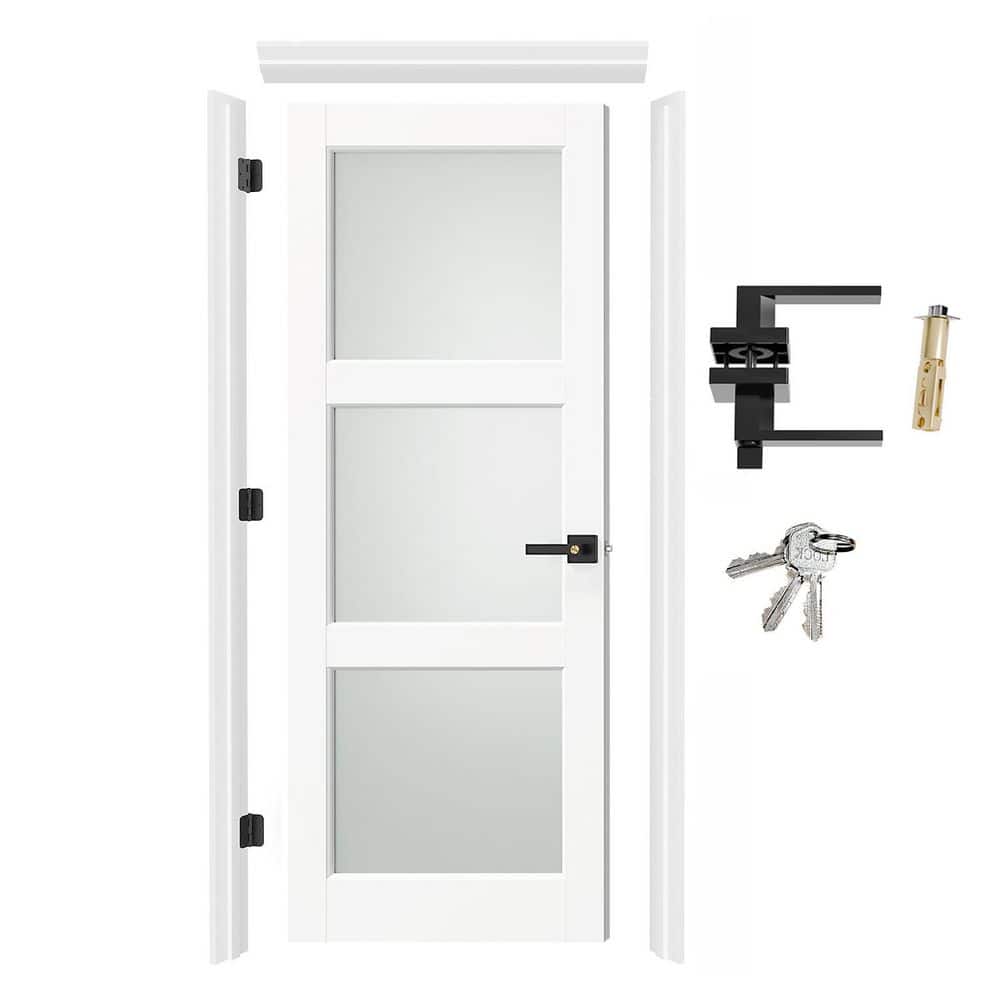 TENONER 32 in. x 80 in. Left-Handed 3 Lite Frosted Glass Primed Wood ...