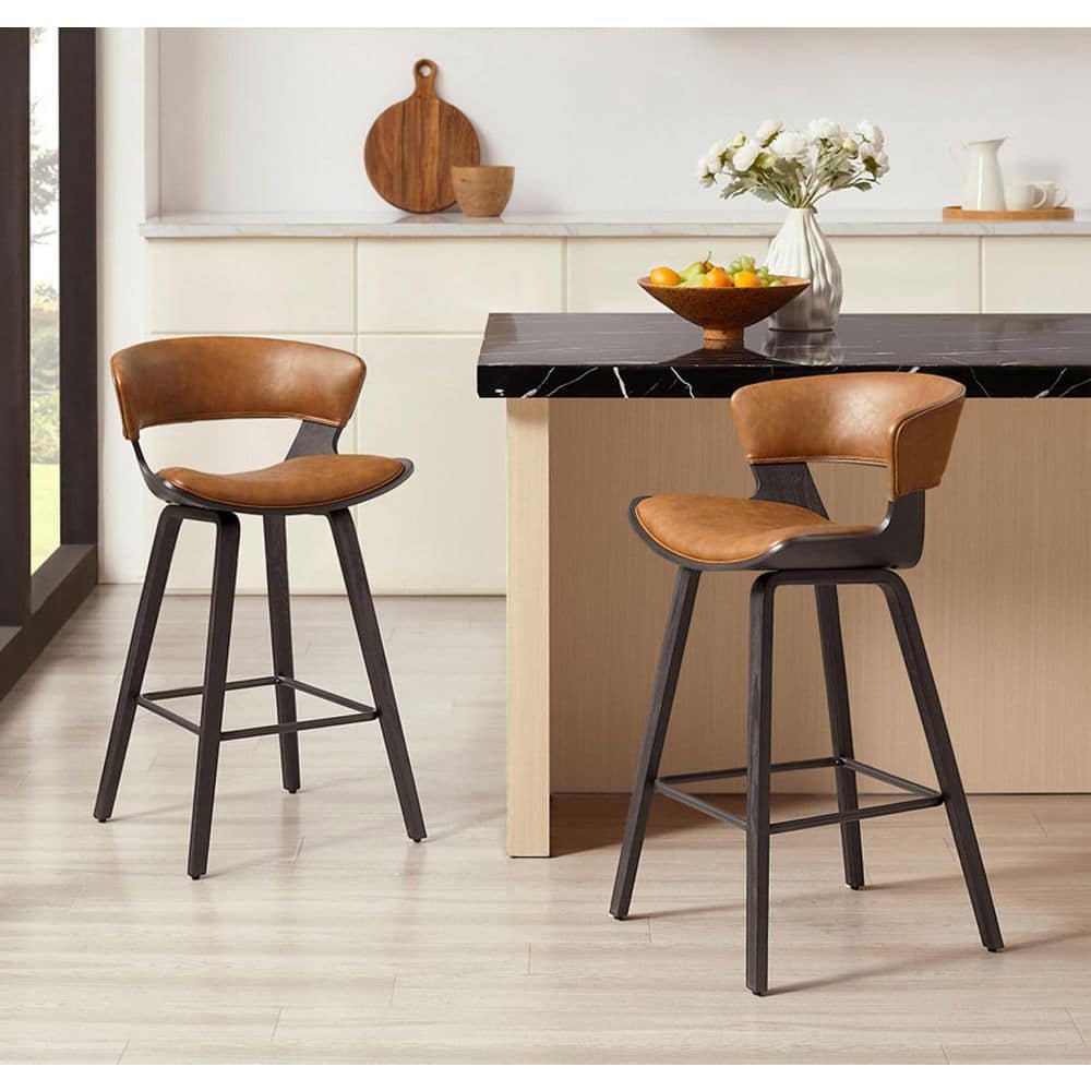 Art Leon Arcbar Seat Height 26.77 in. Brown Faux Leather Bar Stools ...