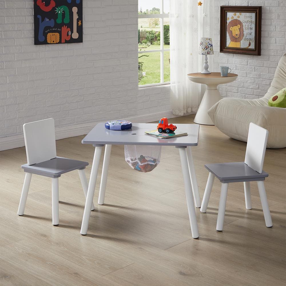 VECELO 3-Piece Kids Activity Table Set - 2 Chairs, Hidden Mesh Storage, Grey Top Playroom ...