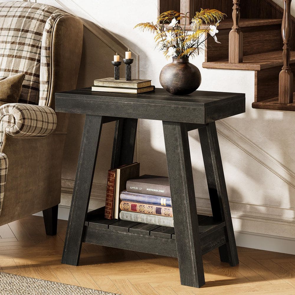 BYBLIGHT Kerlin 23.6 in. Black Rectangle Wood End Table with 2-Tier ...