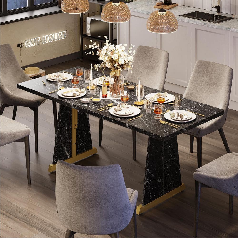 Bestier 70in. Rectangular Black Marble Computer Desk with Metal Legs ...