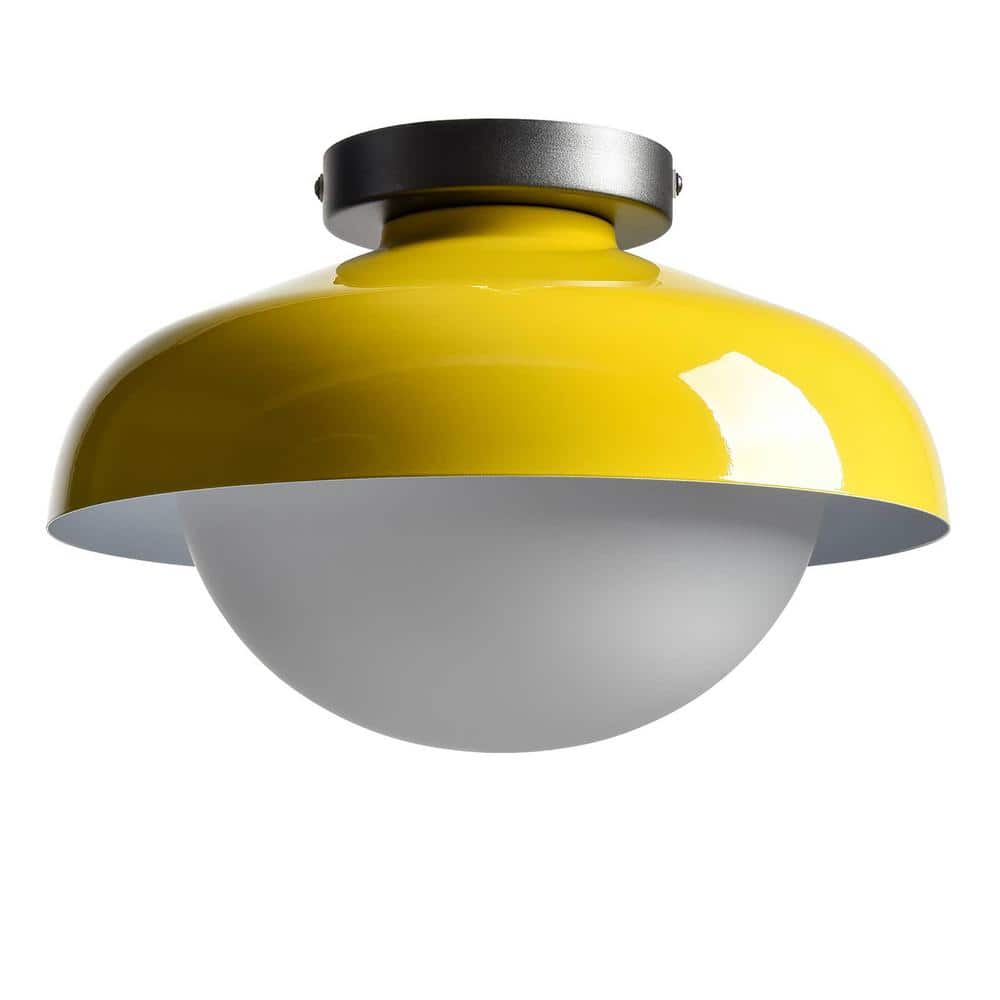 CLAXY 13.8 in. 1-Light Yellow Flush Mount with Frosted Glass Shade and ...