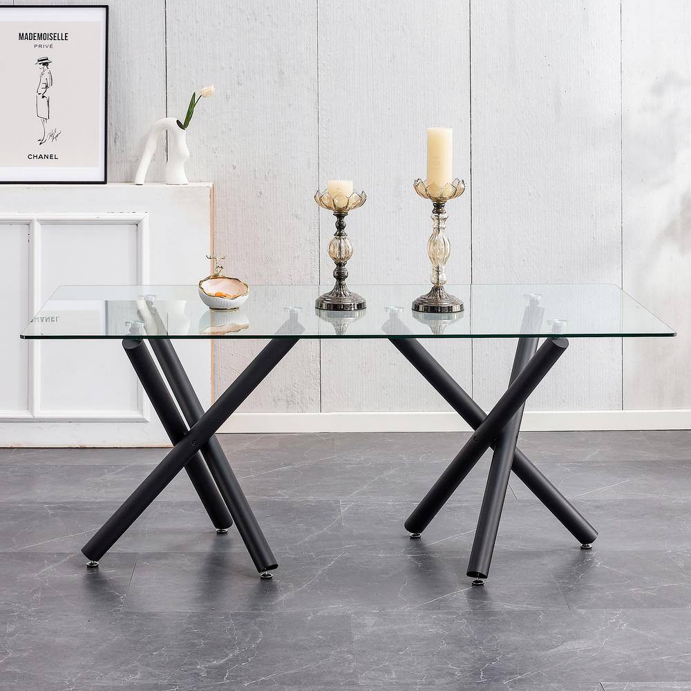 Polibi Large Modern Rectangular Clear Glass Dining Table 71 in. Black ...