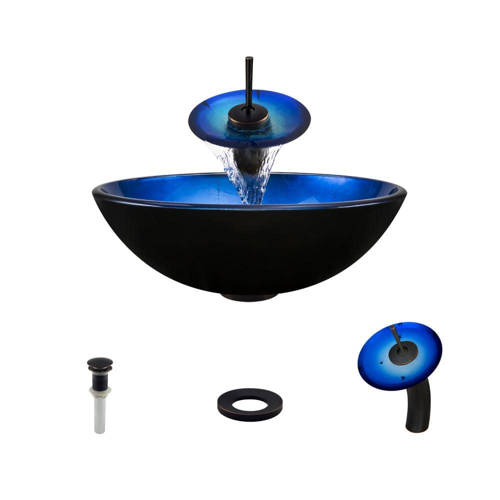 MR Direct Glass Vessel Sink in Blue Foil Undertone with Waterfall ...