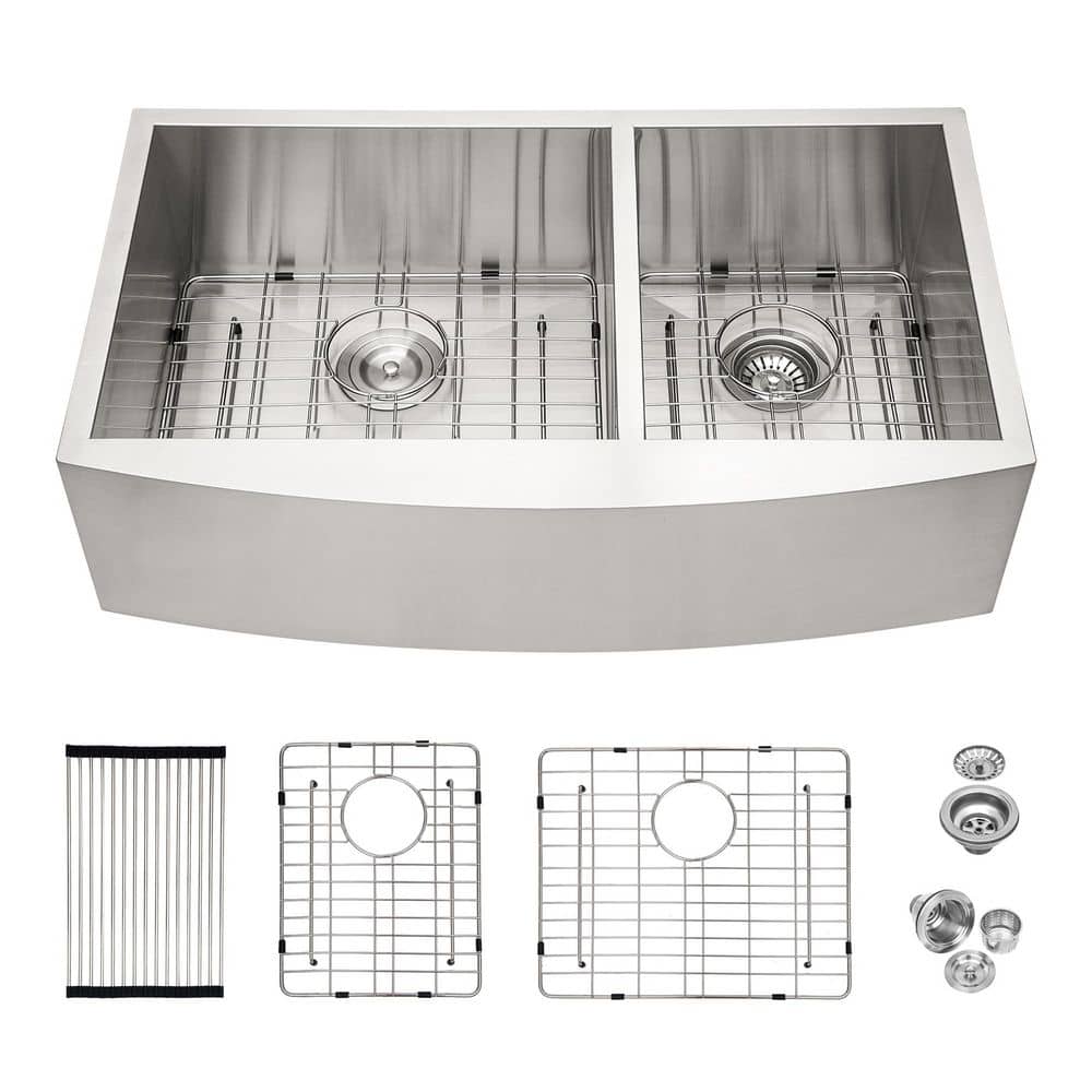 DELUXE DL LIVING 36 in. Undermount Farmhouse Double Bowl 16-Gauge ...