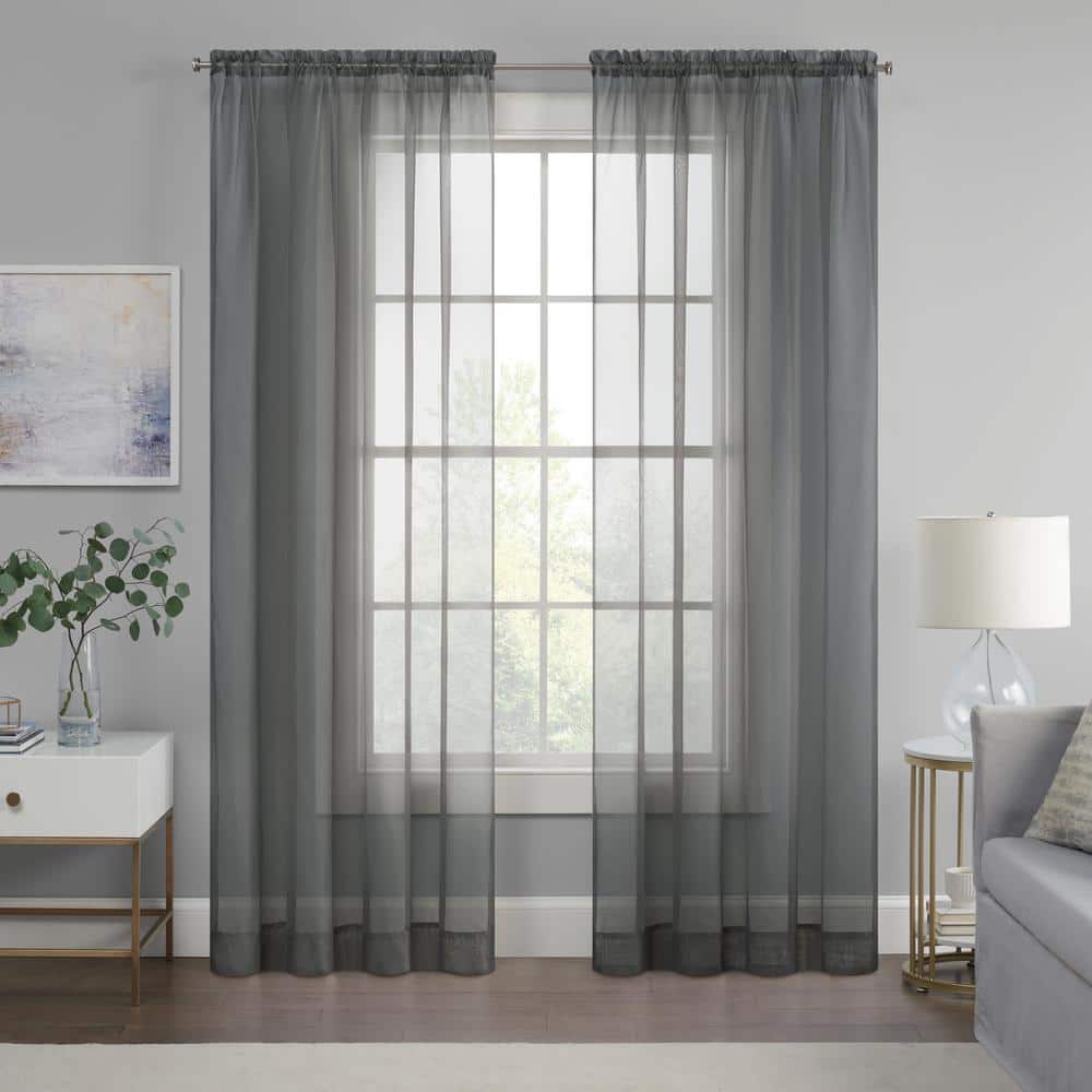 Eclipse Livia Grey Solid Polyester 59 in. W x 63 in. L Sheer Rod Pocket ...