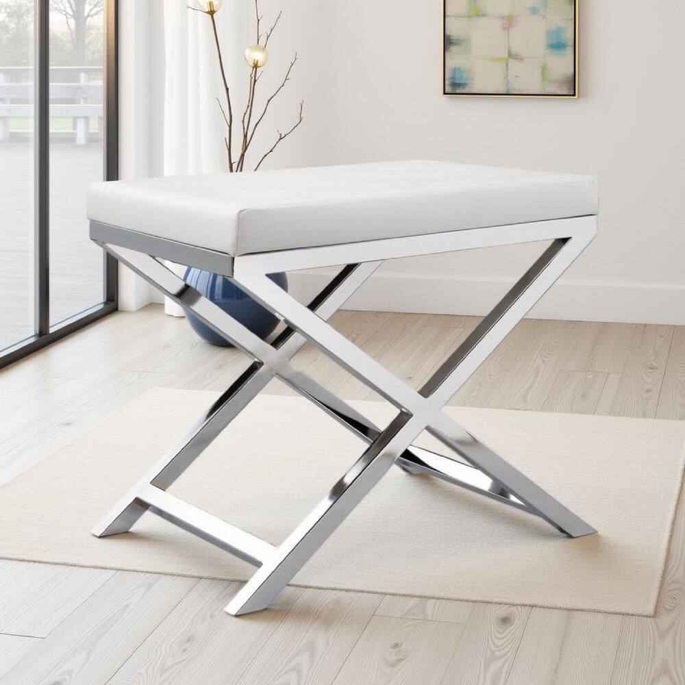 Benjara Sumi White Metal Stool with Crossed Chrome Legs and Padded Seat ...