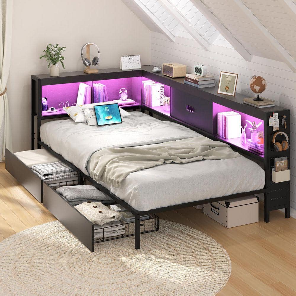 Lusimo Black Metal Frame LED Twin Size Corner Platform Bed with ...