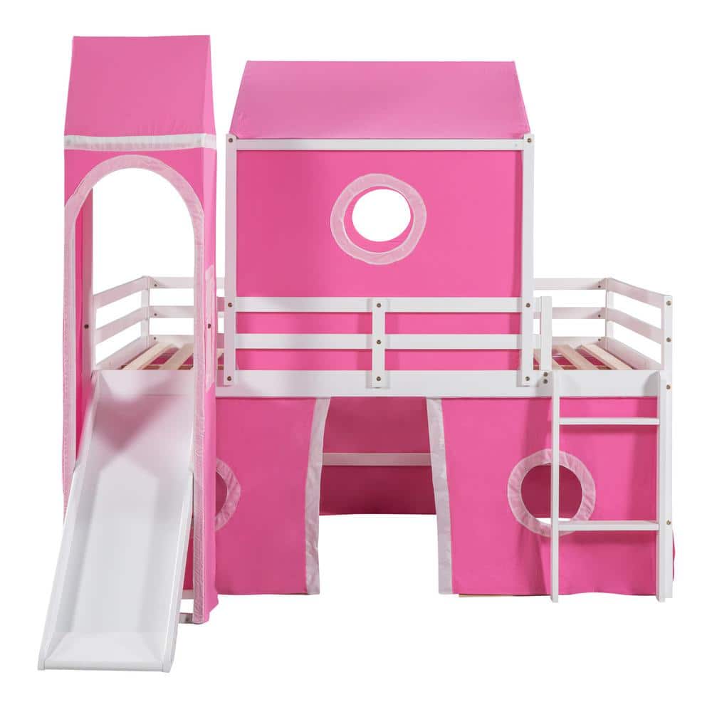 URTR Pink Full Size Loft Bed with Slide, Tent and Tower, Playhouse Wood ...