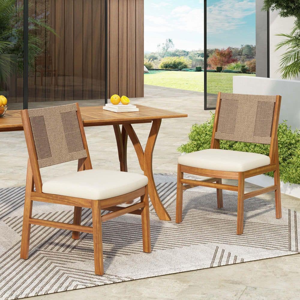 Acacia Wood Outdoor Dining Chair Set of 2, Wicker Patio Lounge Chair ...