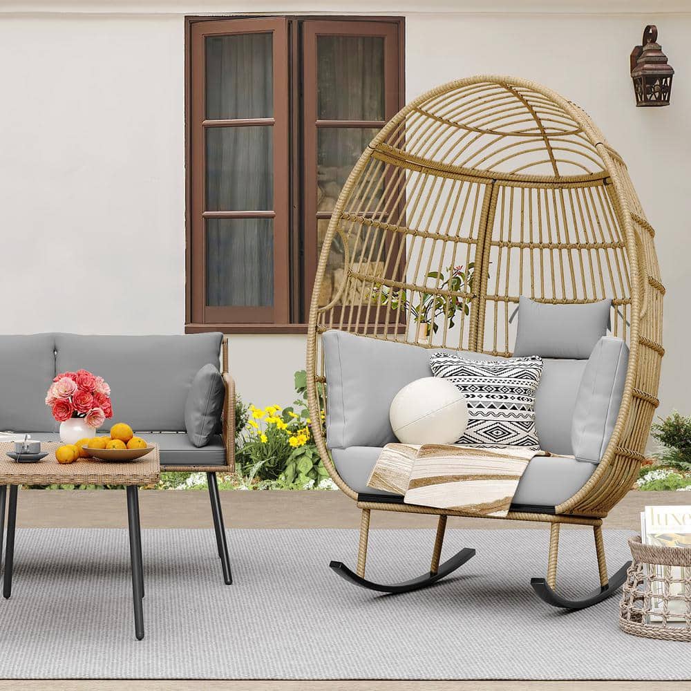 DEXTRUS Yellow Wicker Outdoor Rocking Egg Chair with Grey DEXTRUS Yellow Wicker Outdoor Rocking Egg Chair with Grey