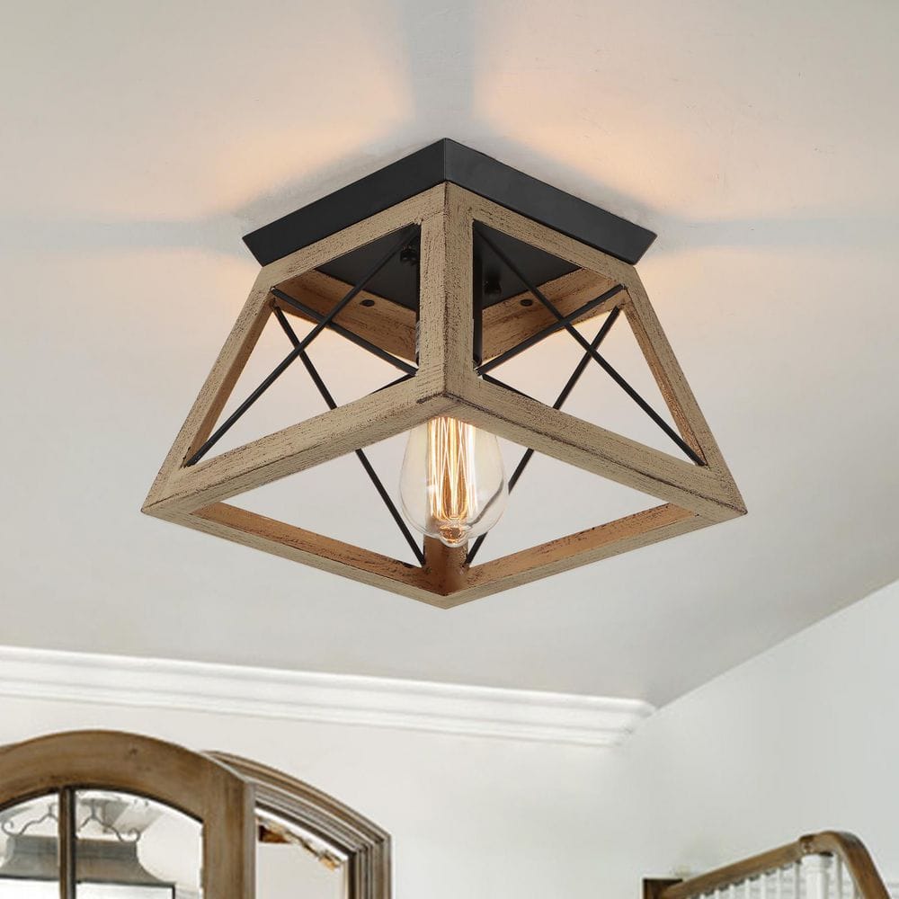 Y'INSP 9.84 in. 1-Light Wood-like/Black Rustic Farmhouse Caged Flush ...