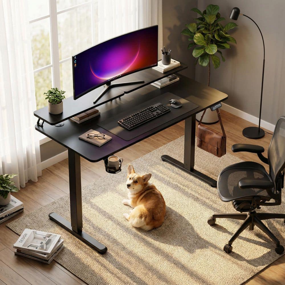 LACOO 55 in. Rectangular Black Electric Standing Desk with Monitor ...