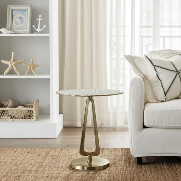 Liv & Skye 16 in. White Circle Marble Top Seashell Pattern End Table ...
