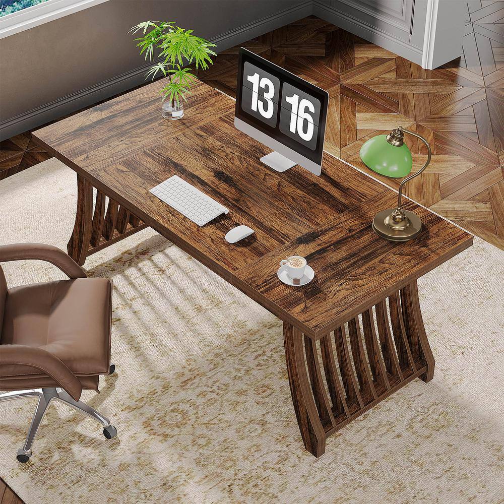 BYBLIGHT 62.2 in. Rectangular Brown Wood Desk with Solid Thickened ...