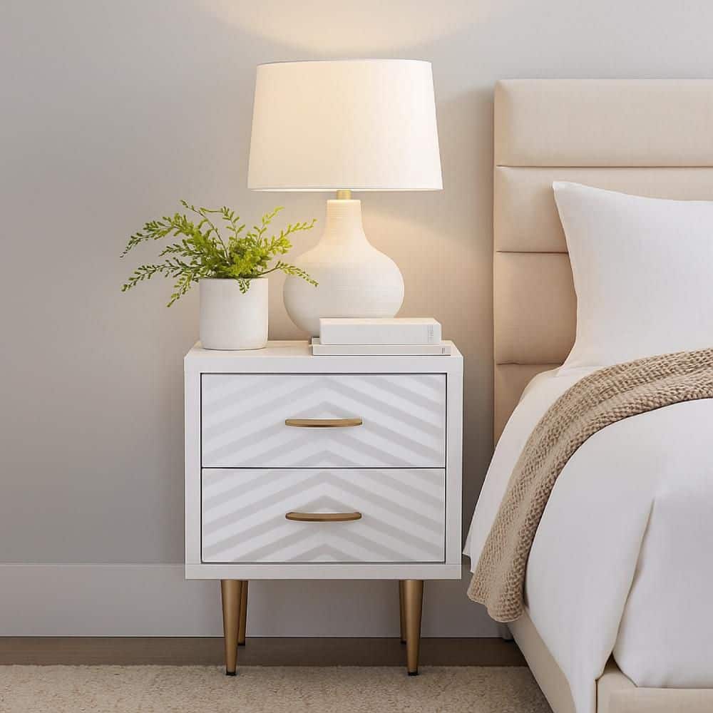 Benjara Tru White and Gold 2-Drawer 20 in. W Nightstand BM333318 - The ...