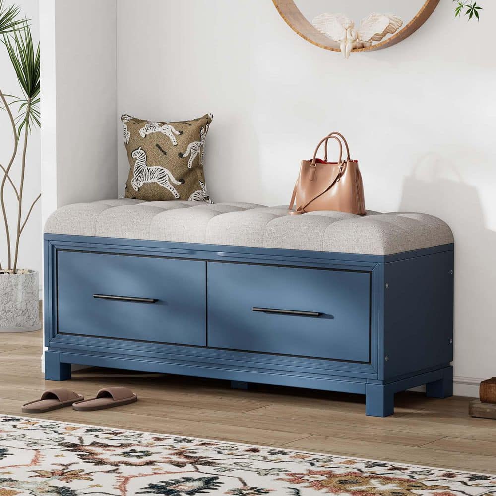 Navy 43 in. MDF Farmhouse Shoe Bench Entryway Storage Bench Ottoman ...