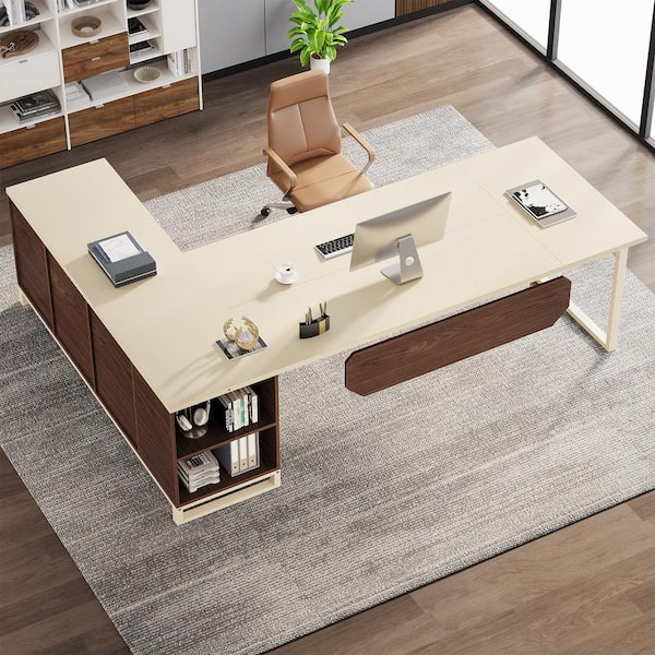 BYBLIGHT Capen 70.87 in. L Shaped Beige and Walnut Wood Executive Desk with 55 in. File Cabinet L Shaped Computer Desk for Office BB XK00670YF The Home Depot