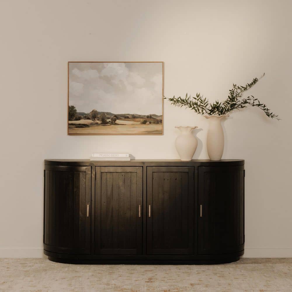 NADAAL STUDIOS Cameron Black Reclaimed Pine Wood Buffet with Curved Doors and Recessed Base FR ...