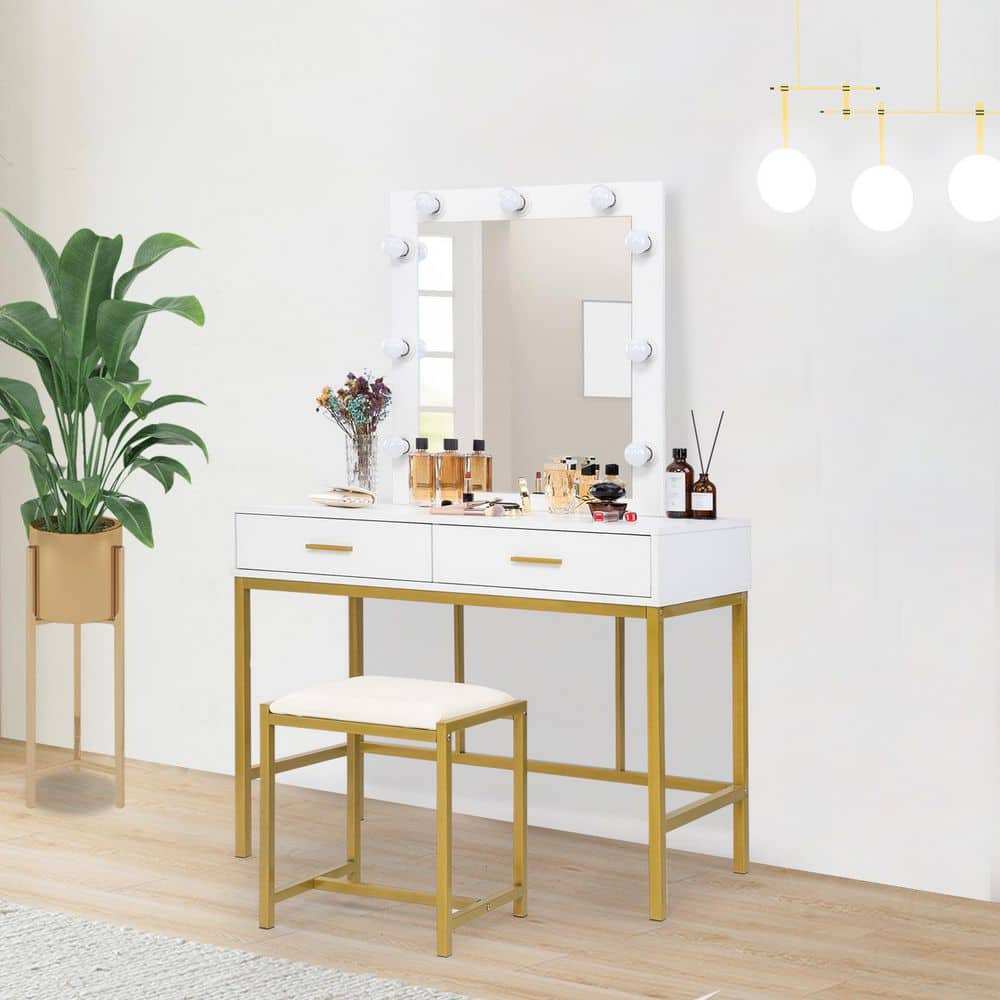 Karl home White and Gold Makeup Vanity Set with 2-Drawers and Stool ...