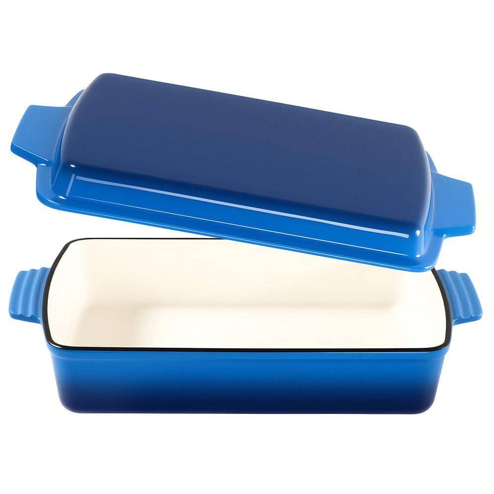 SANFANGIE 4 qt. Rectangular Cast Iron Dutch Oven in Blue with Lid, with ...
