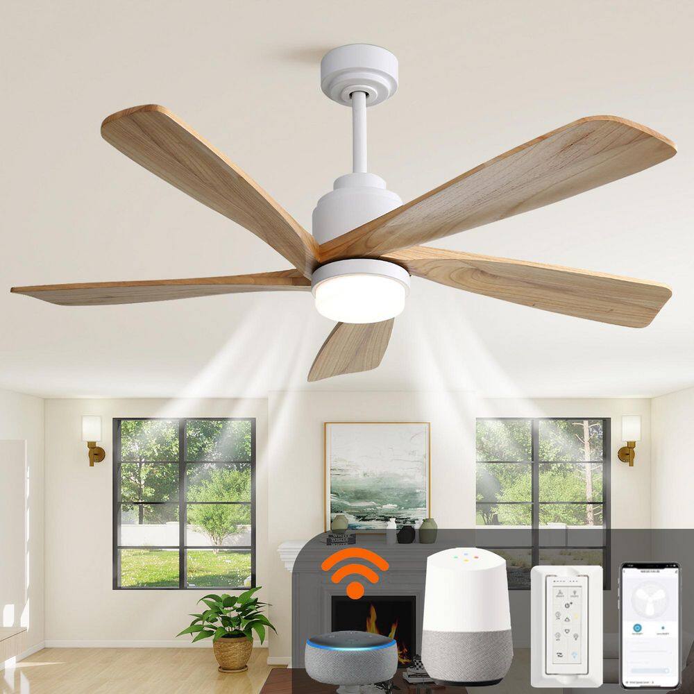 Gloweer 52 in. Brown Ceiling Fan With Dimmable LED Light 5-Solid Wood ...