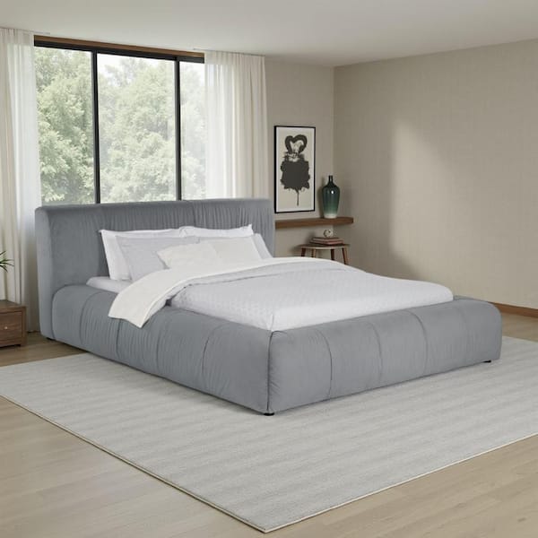Benjara Limo Gray Pine Wood Frame Queen Platform Bed with Upholstered ...