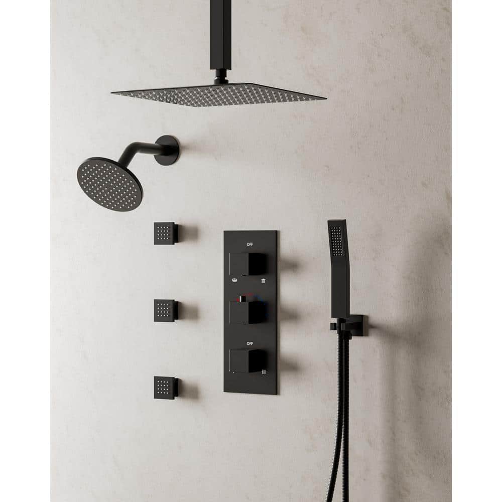 YAWWALK Thermostatic 8-Spray 12 and 6 in. Wall Mount Dual Fixed and ...