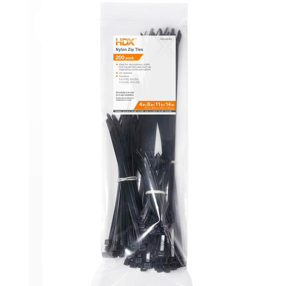 HDX 4 in. and 8 in. and 11 in. and 14 in. Zip Tie Black UV (200-Pack ...