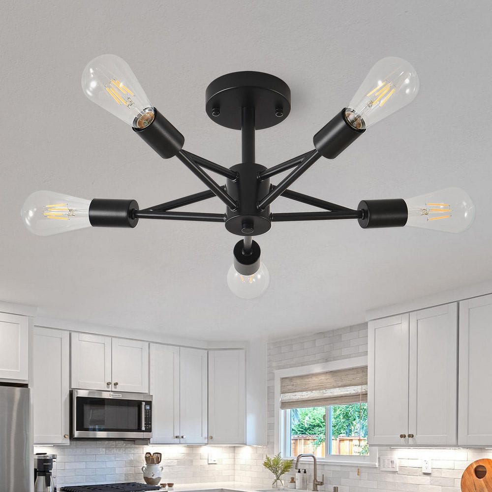 PAKOKULA Modern 18.5 in. 5-Light Black Sputnik Industrial Semi-Flush Mount Ceiling Lights K-044 ...