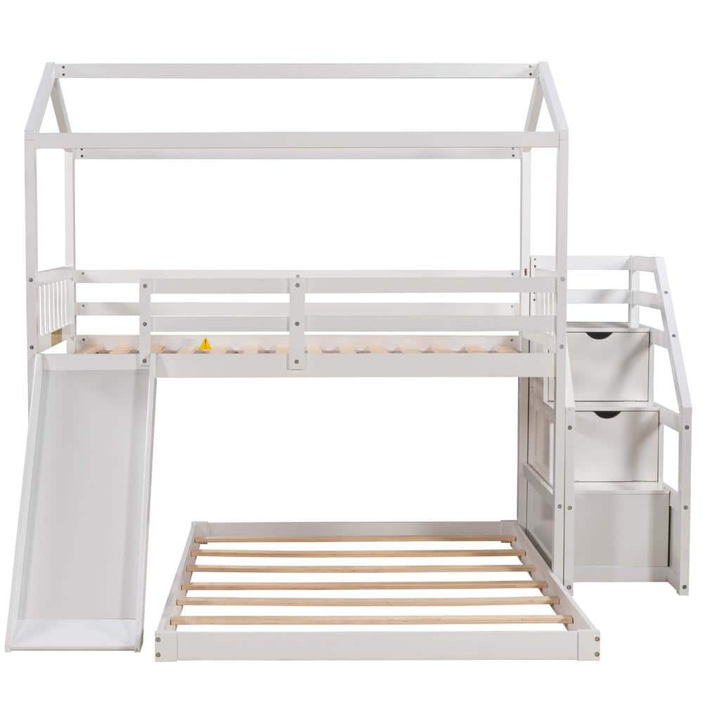 Angel Sar White Wood Twin Over Full House Bunk Bed with Convertible ...
