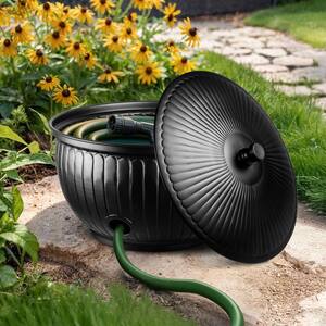Monarch Abode Ridge Embossed Garden Hose Holder Pot with Lid, Black ...